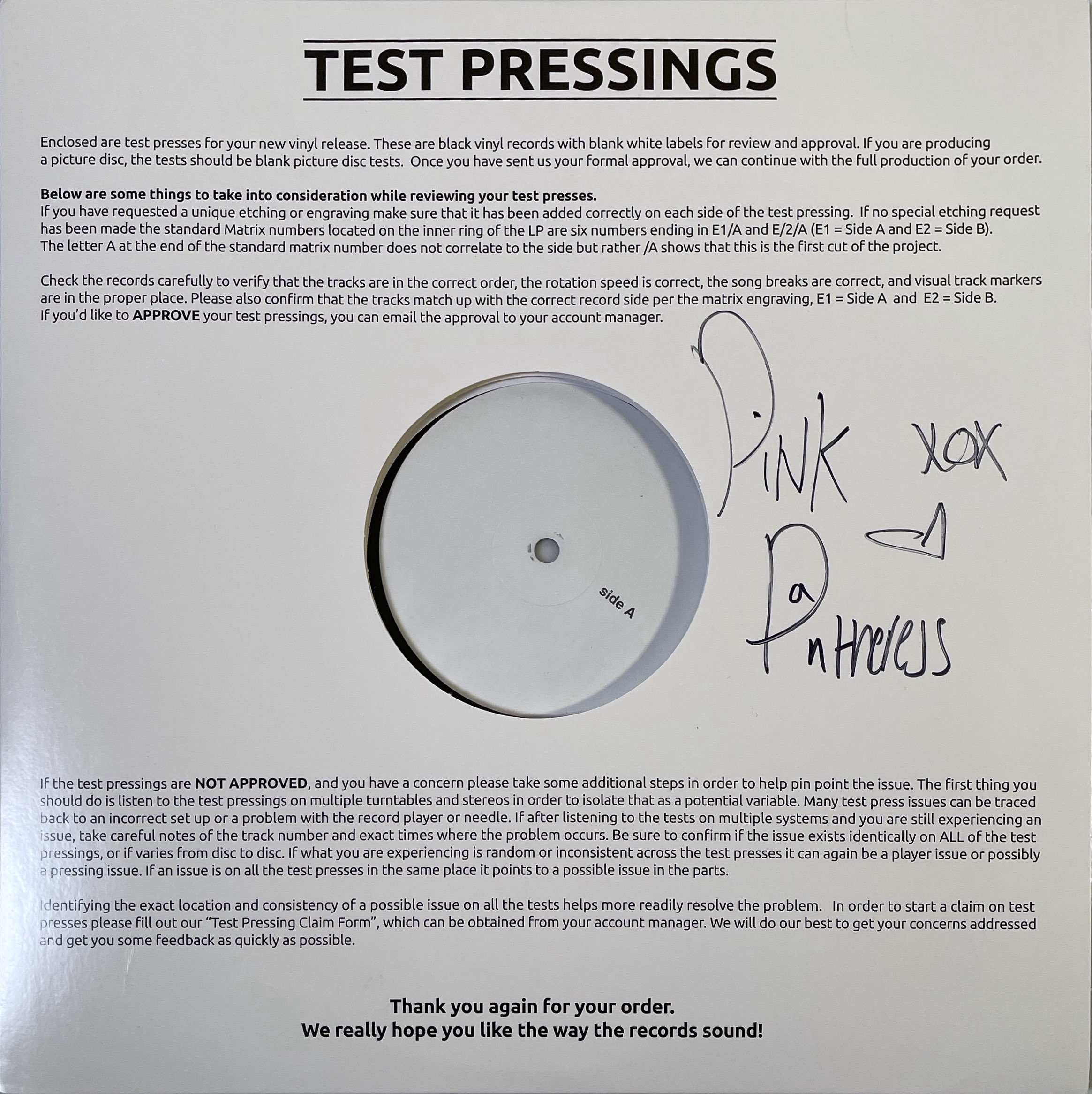 Lot 167 - PINK PANTHERESS - SIGNED WHITE LABEL TEST