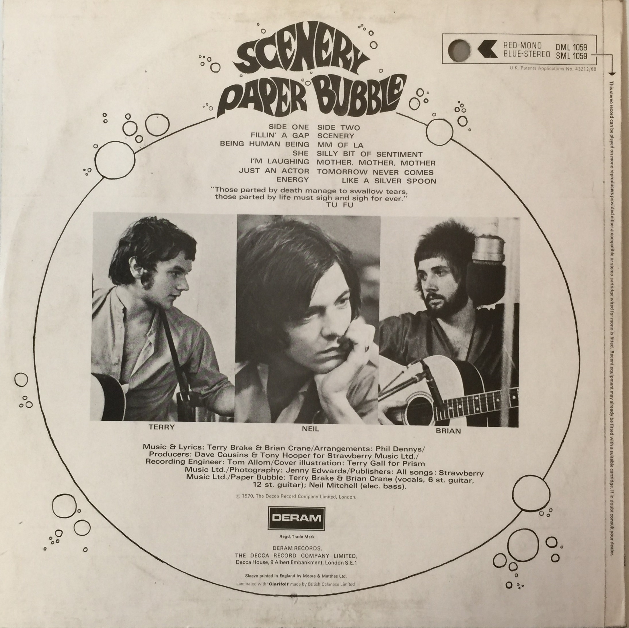 Lot 188 - PAPER BUBBLE - SCENERY LP (DERAM SML 1059)