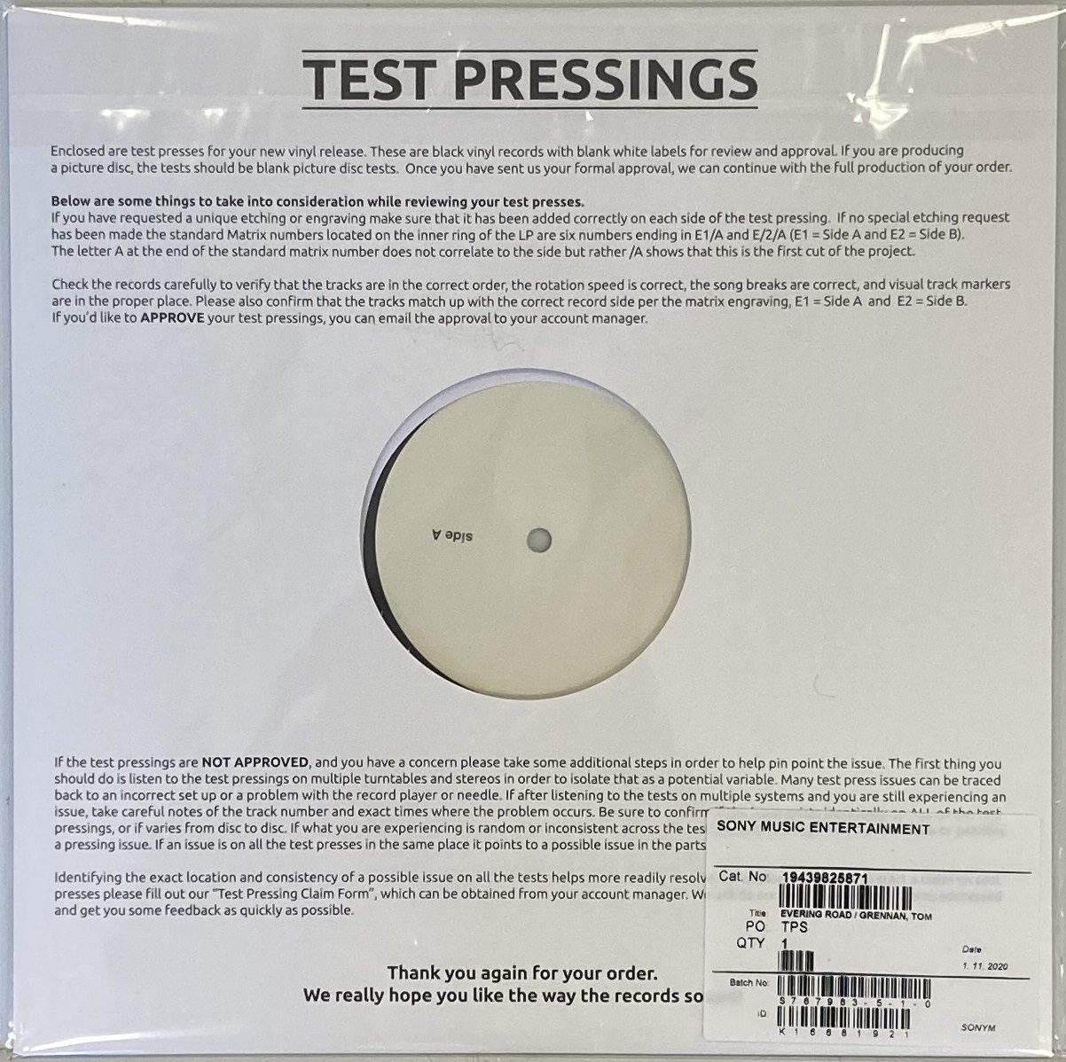Lot 89 - TOM GRENNAN WHITE LABEL TEST PRESSING.
